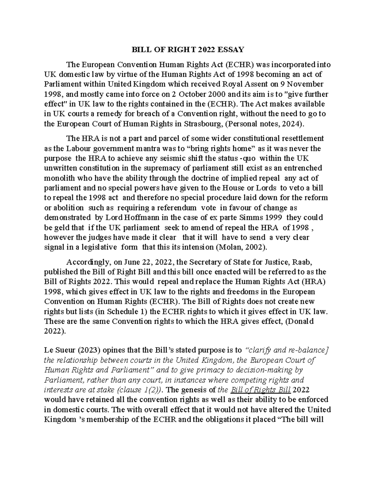 BILL OF Right Essay - Public Law - BILL OF RIGHT 2022 ESSAY The ...