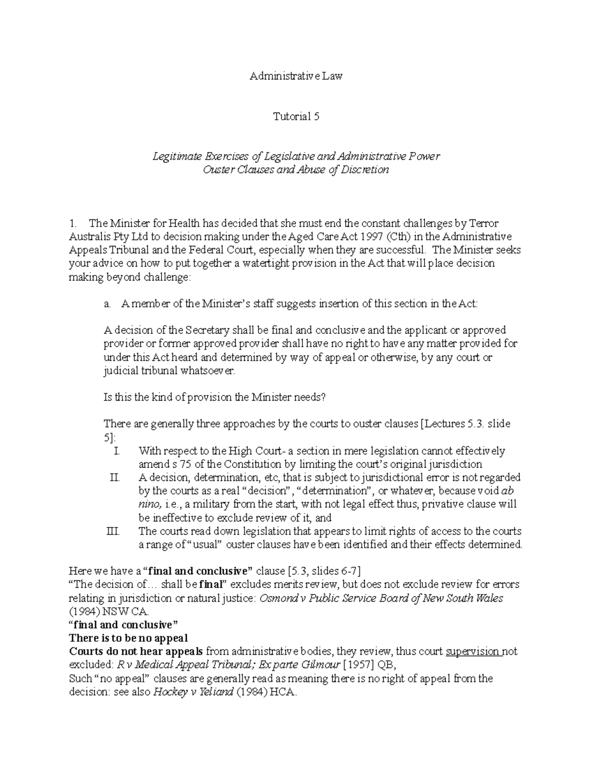 Tutorial 5 2 Administrative Law Tutorial 5 Legitimate Exercises Of Legislative And 9789
