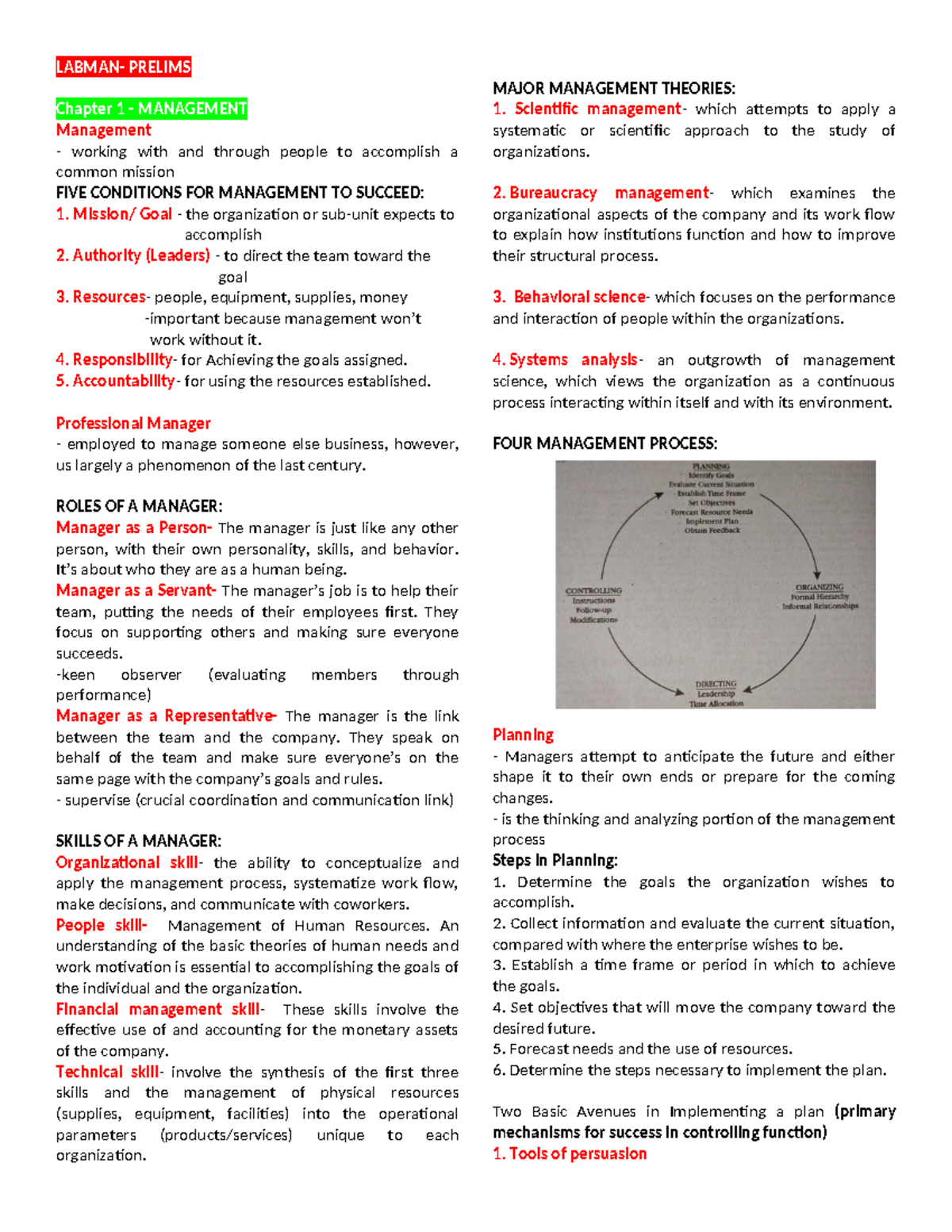 Labman Prelims - incomplete - LABMAN- PRELIMS Chapter 1 - MANAGEMENT Management - working with ...