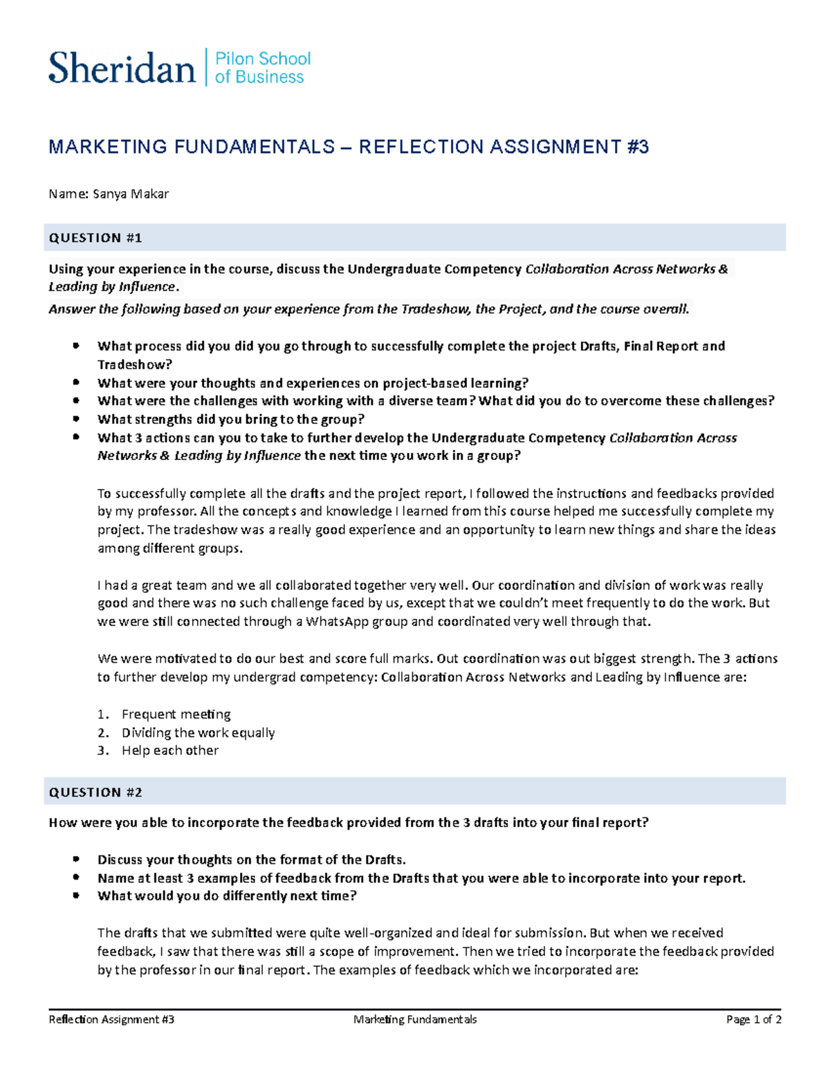 Marketing Fundamentals - Reflection Assignment #3 - MARKETING FUNDAMENTALS – REFLECTION ...