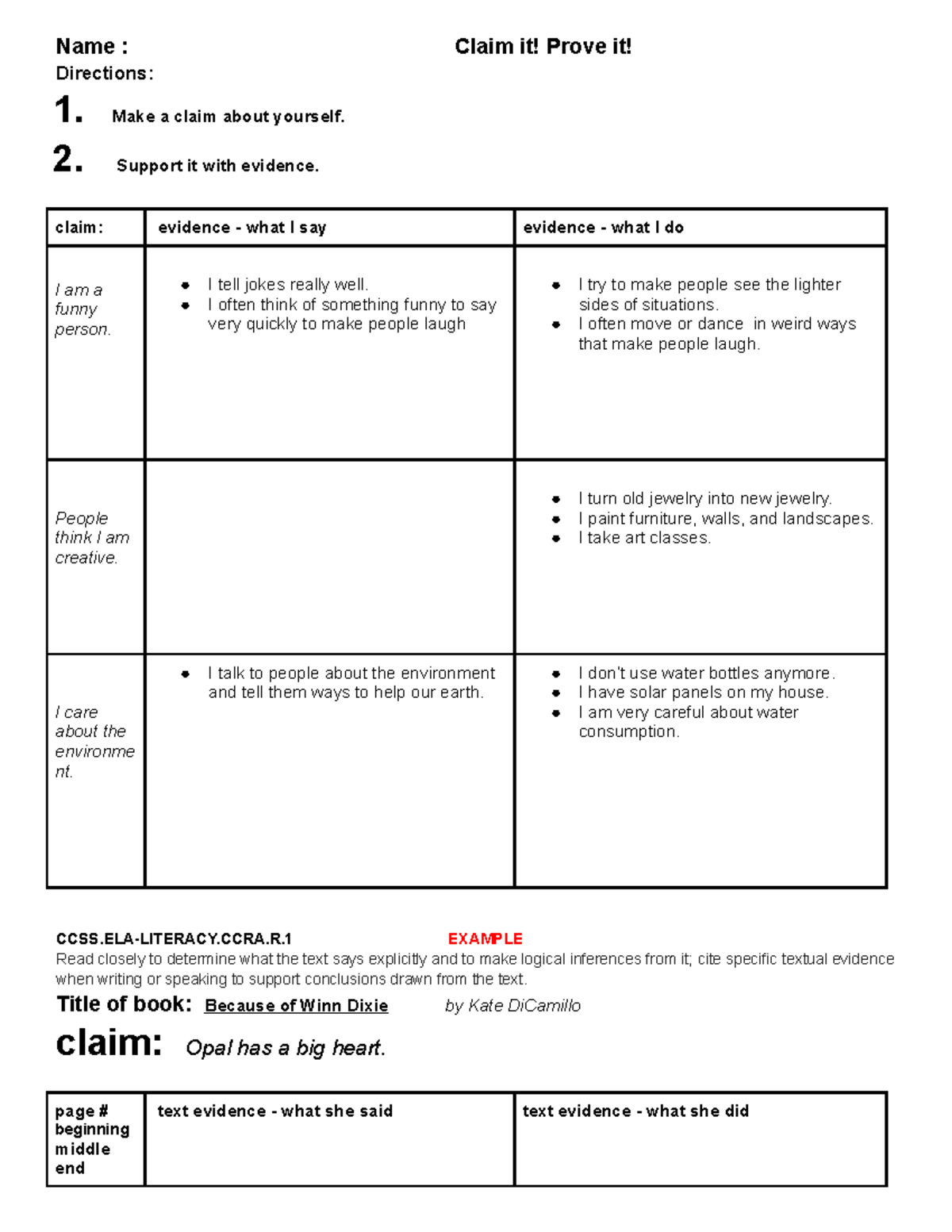 Supporting a Claim with Evidence - Name : Claim it! Prove it ...