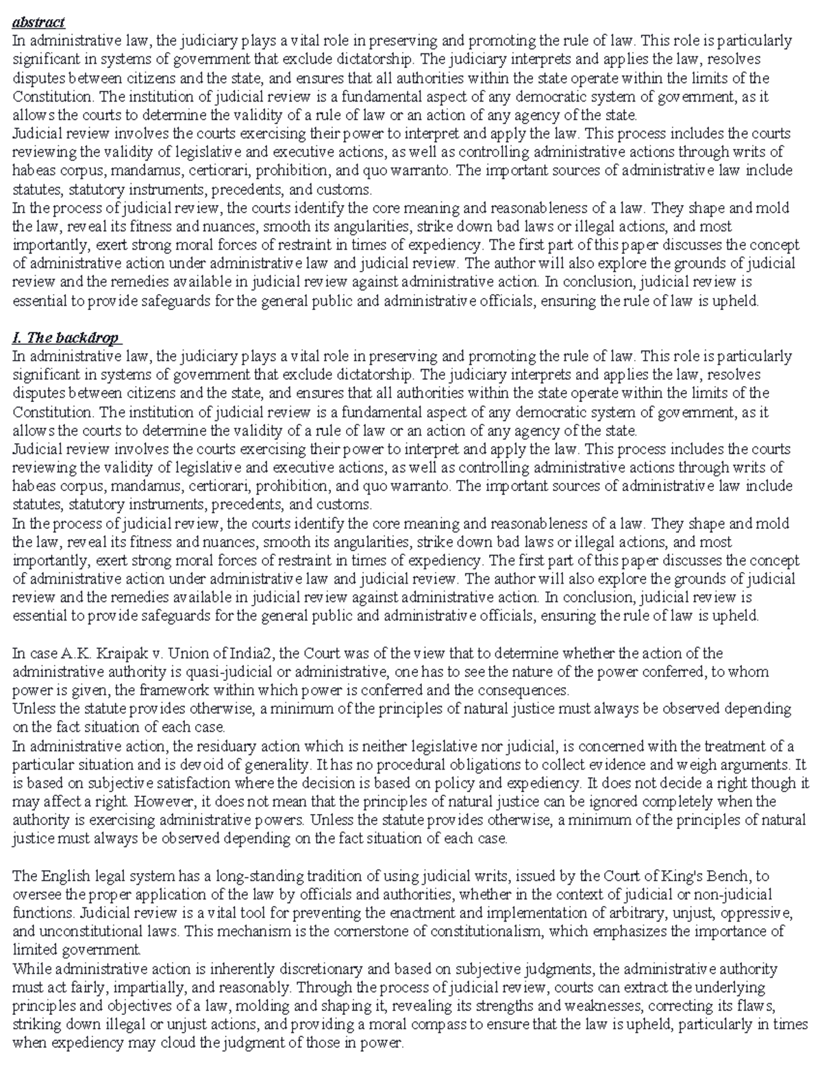 Admin assignment - abstract In administrative law, the judiciary plays ...