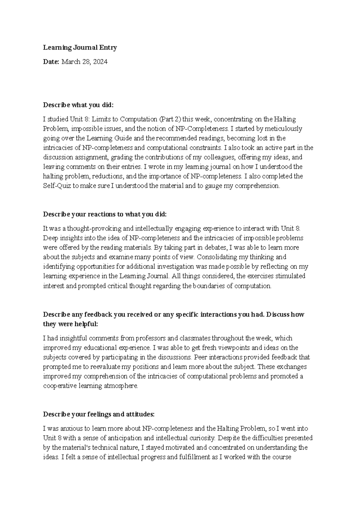 Learning Journal Entry final 2 - Learning Journal Entry Date: March 28 ...