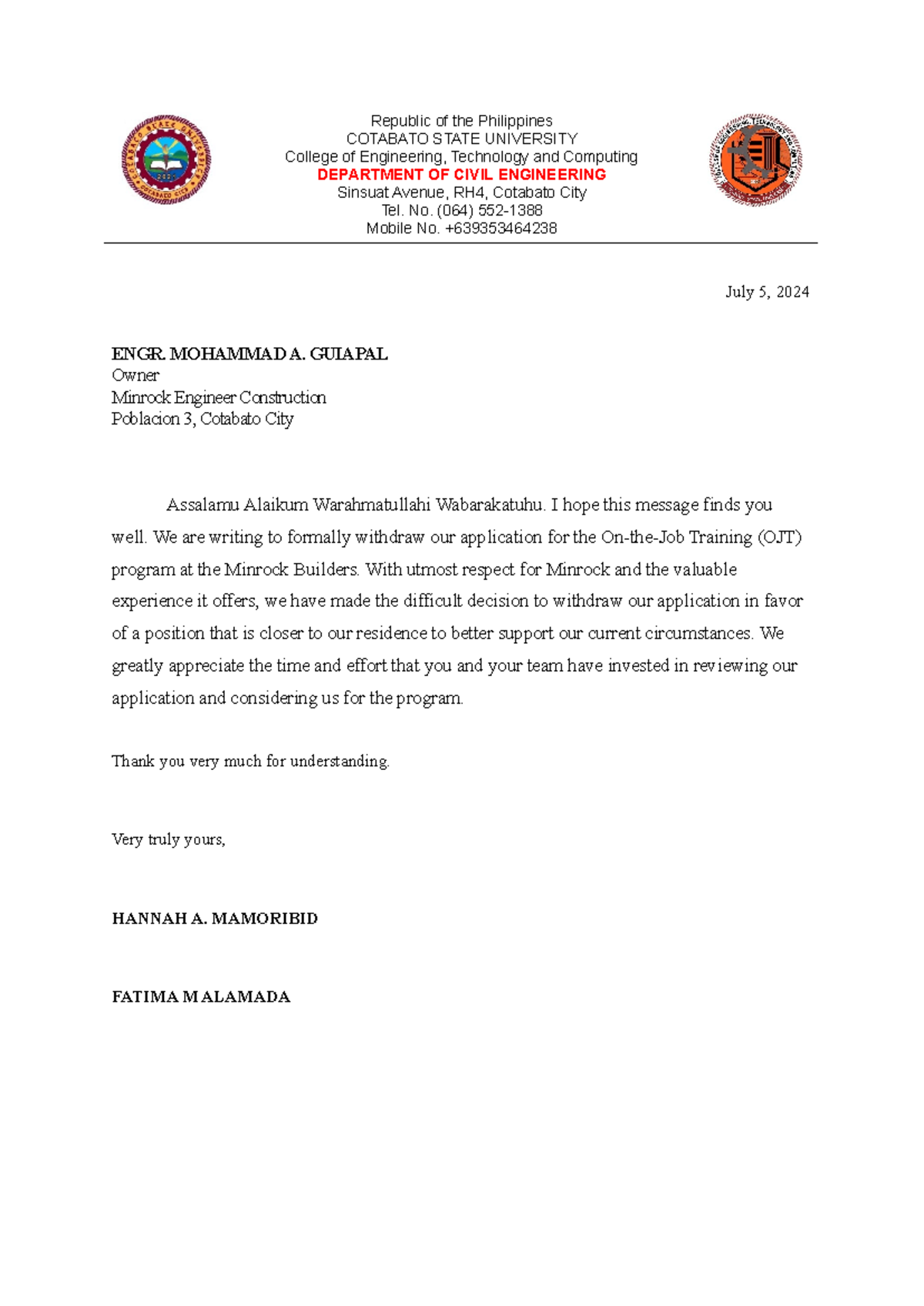 Withdraw letter - Fhj - Republic of the Philippines COTABATO STATE ...