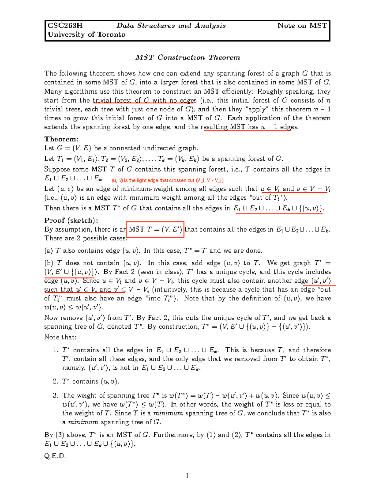 MST reading - CSC263H Data Structures and Analysis Note on MST ...