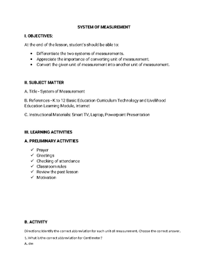 System-OF- Measurement - SYSTEM OF MEASUREMENT I. OBJECTIVES: At the ...