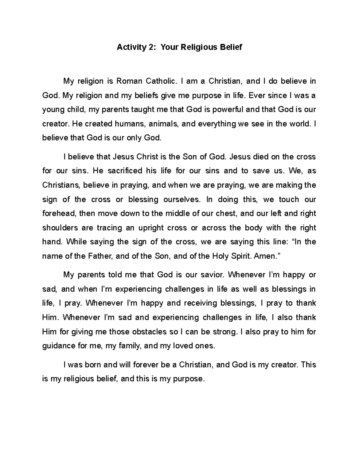 Activity 2 My Religious Belief - Activity 2: Your Religious Belief My ...