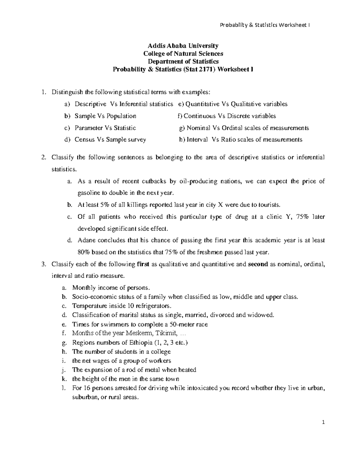 Worksheet I - Addis Ababa University College of Natural Sciences Department of Statistics - Studocu