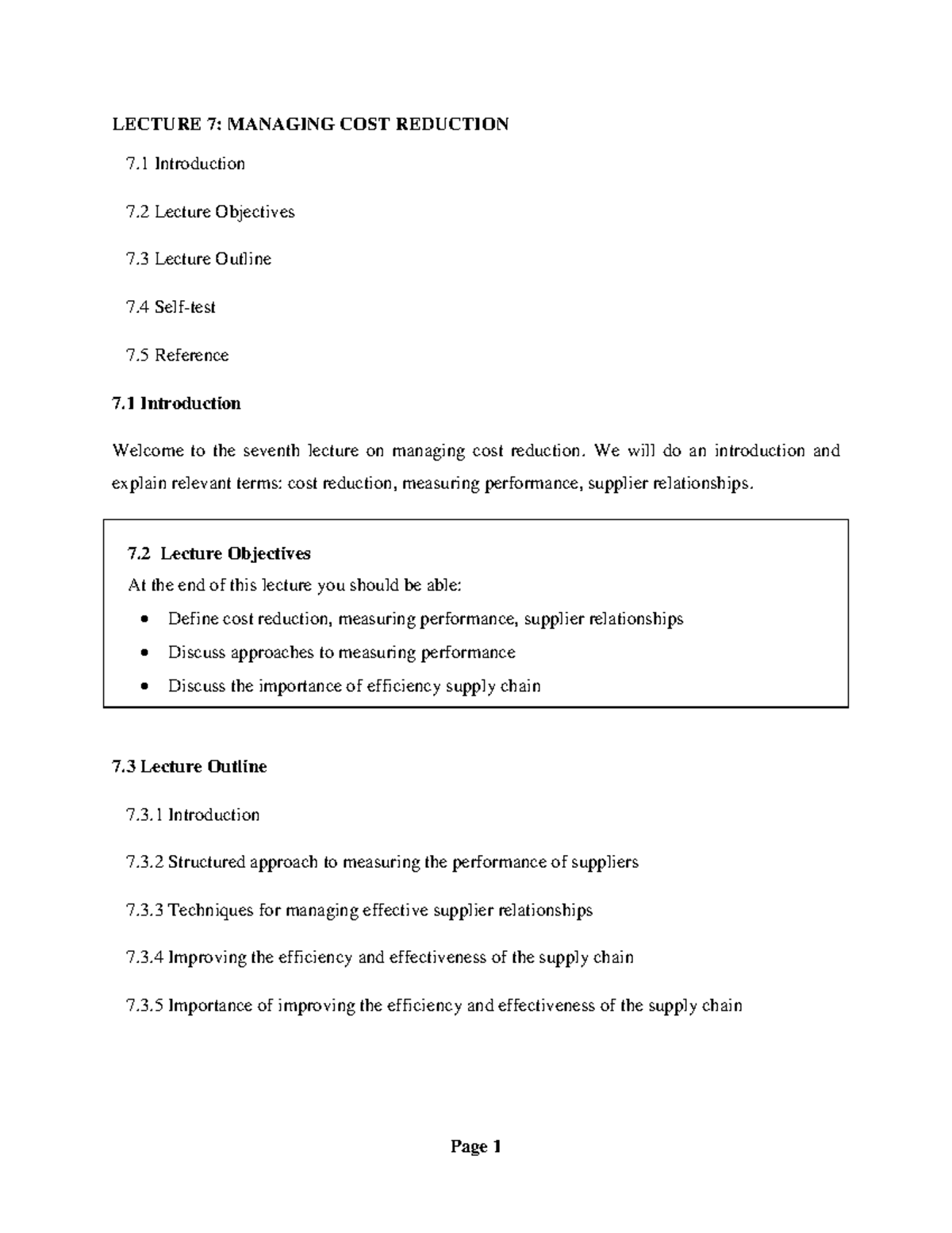 Supply Chain performance Lecture 7 - LECTURE 7: MANAGING COST REDUCTION ...