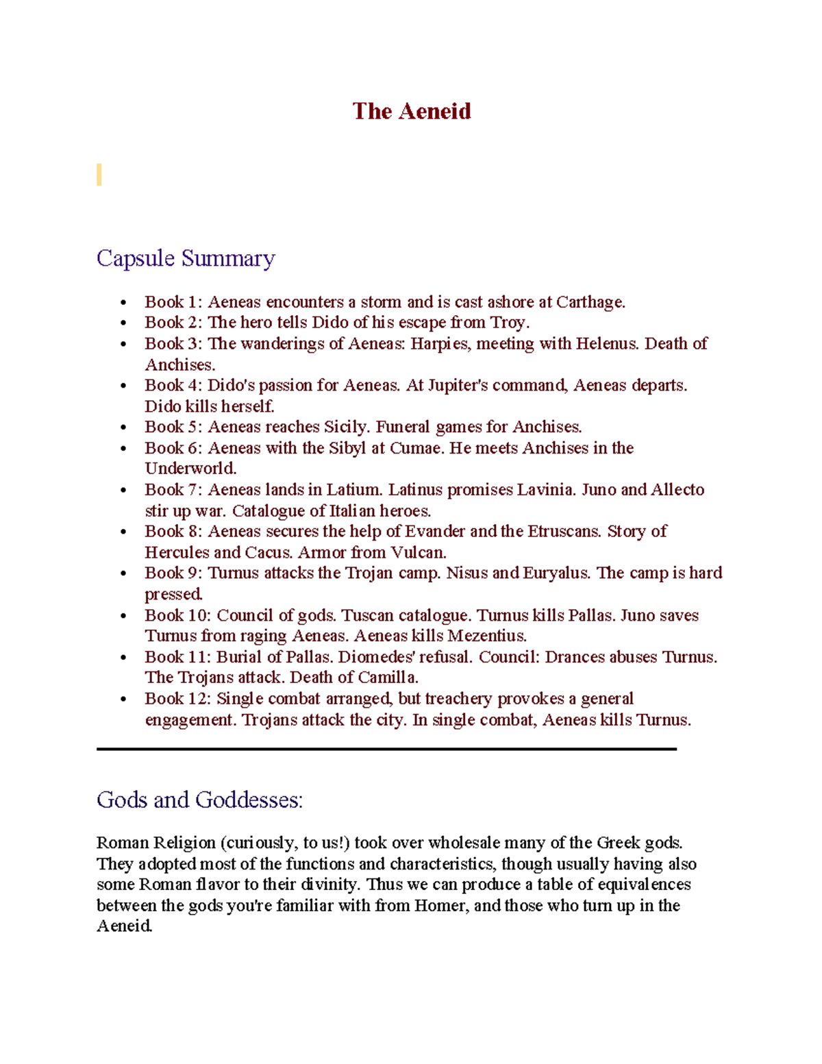 The Aeneid abridge summary - The Aeneid Capsule Summary Book 1: Aeneas ...