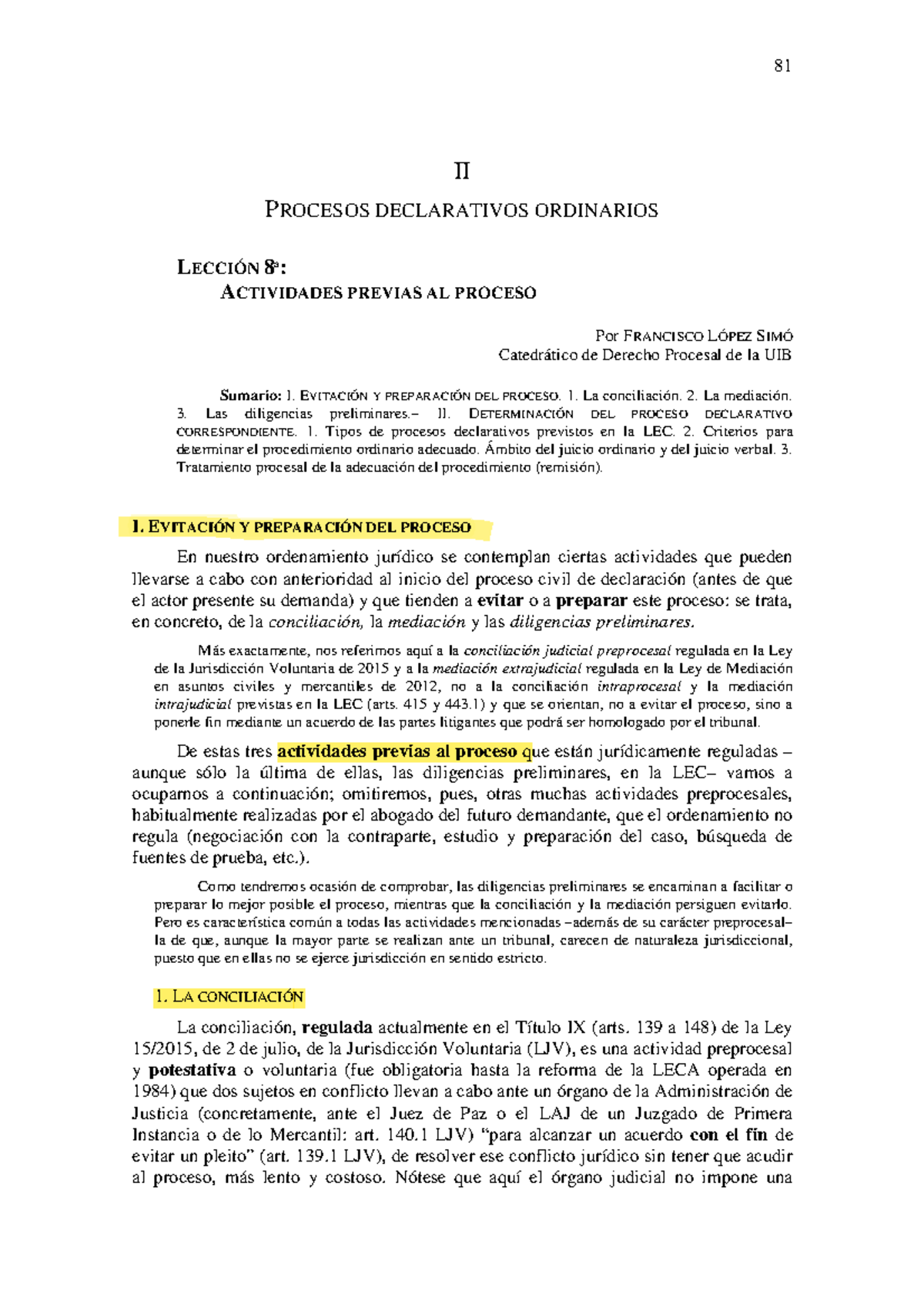 Leccion 8 - resumen sobre los procesos declarativos ordinarios - II PROCESOS DECLARATIVOS ...