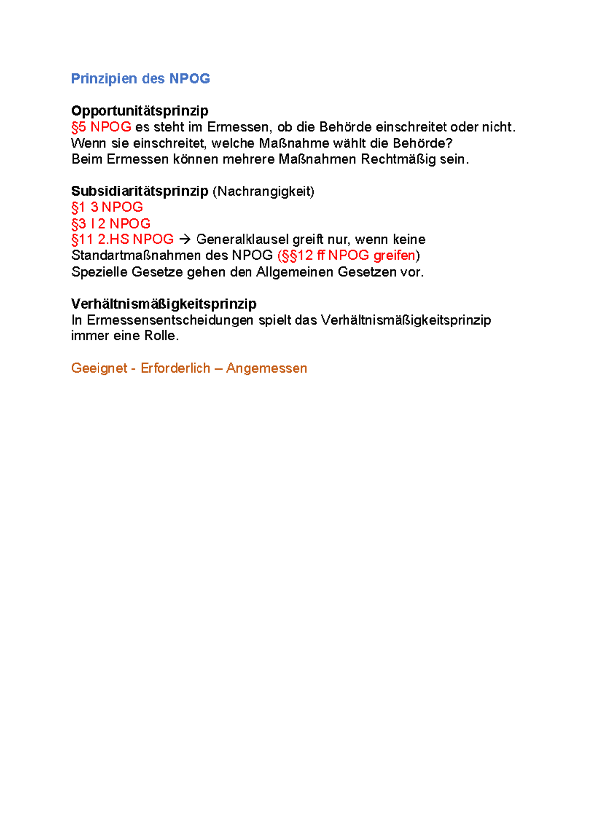 Ordnungsrecht § 11 NPOG Aufbau mit Formulierung - Prinzipien des NPOG ...