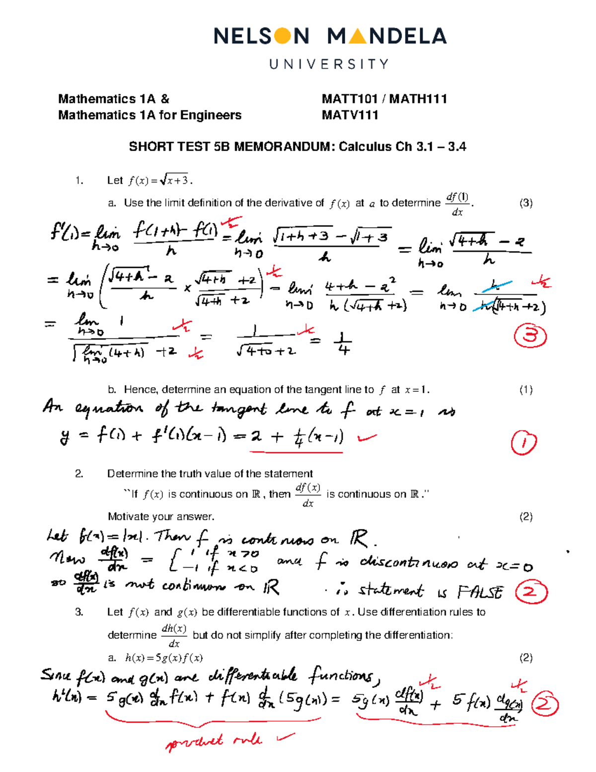 Part 1 of Derivatives - 2022 (Memo) - Mathematics 1A & MATT101 / MATH ...