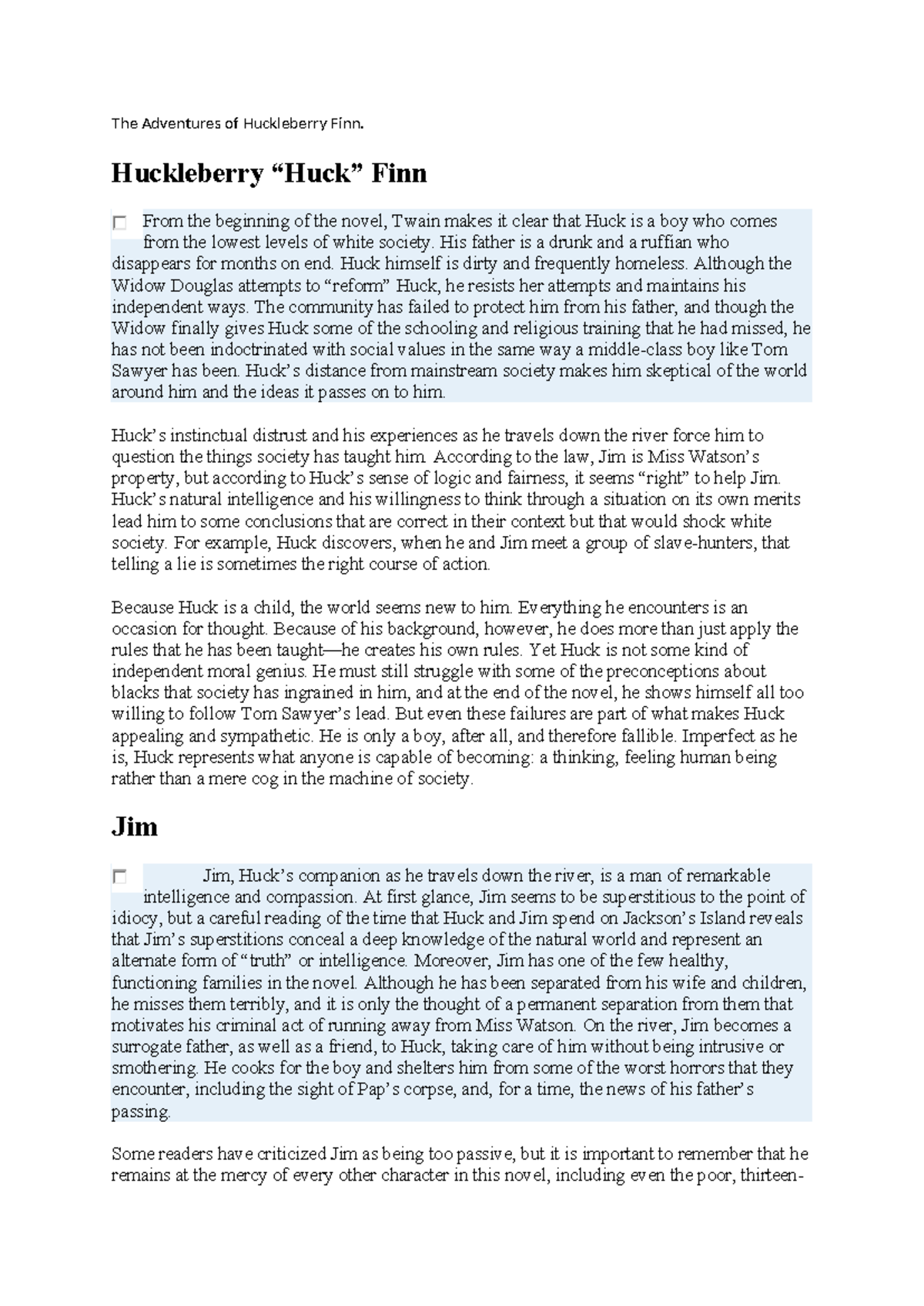 The Adventures of Huckleberry Finn - Huckleberry “Huck” Finn From the ...