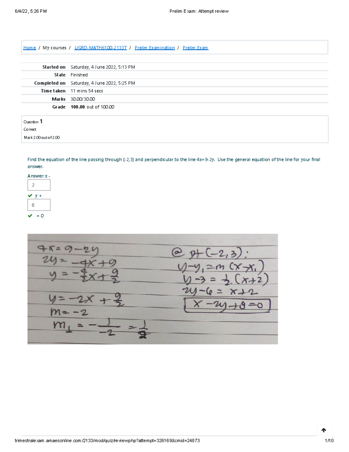 Prelim Exam Attempt review - Home / My courses / UGRD-MATH6100-2133T ...