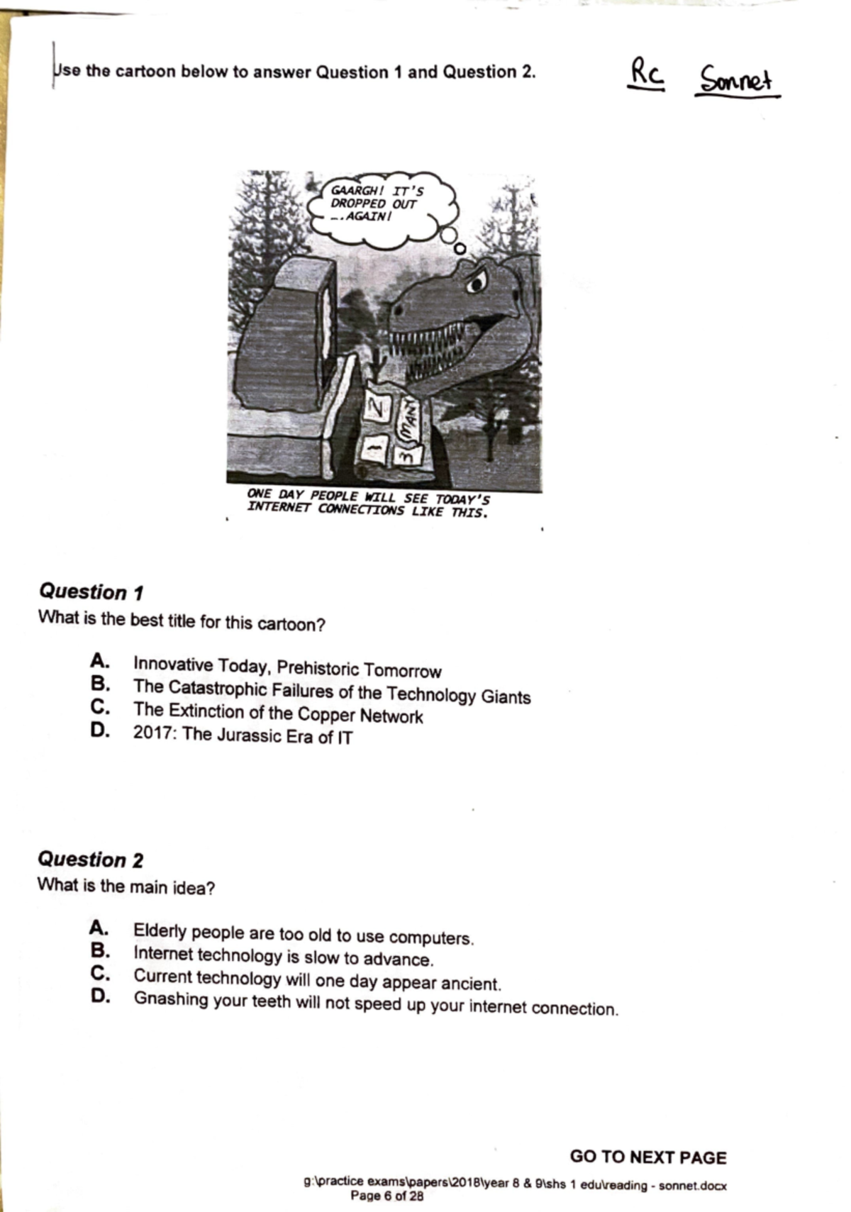 RC-sonnet - Reading Comprehension test - ~ e the cartoon below to ...