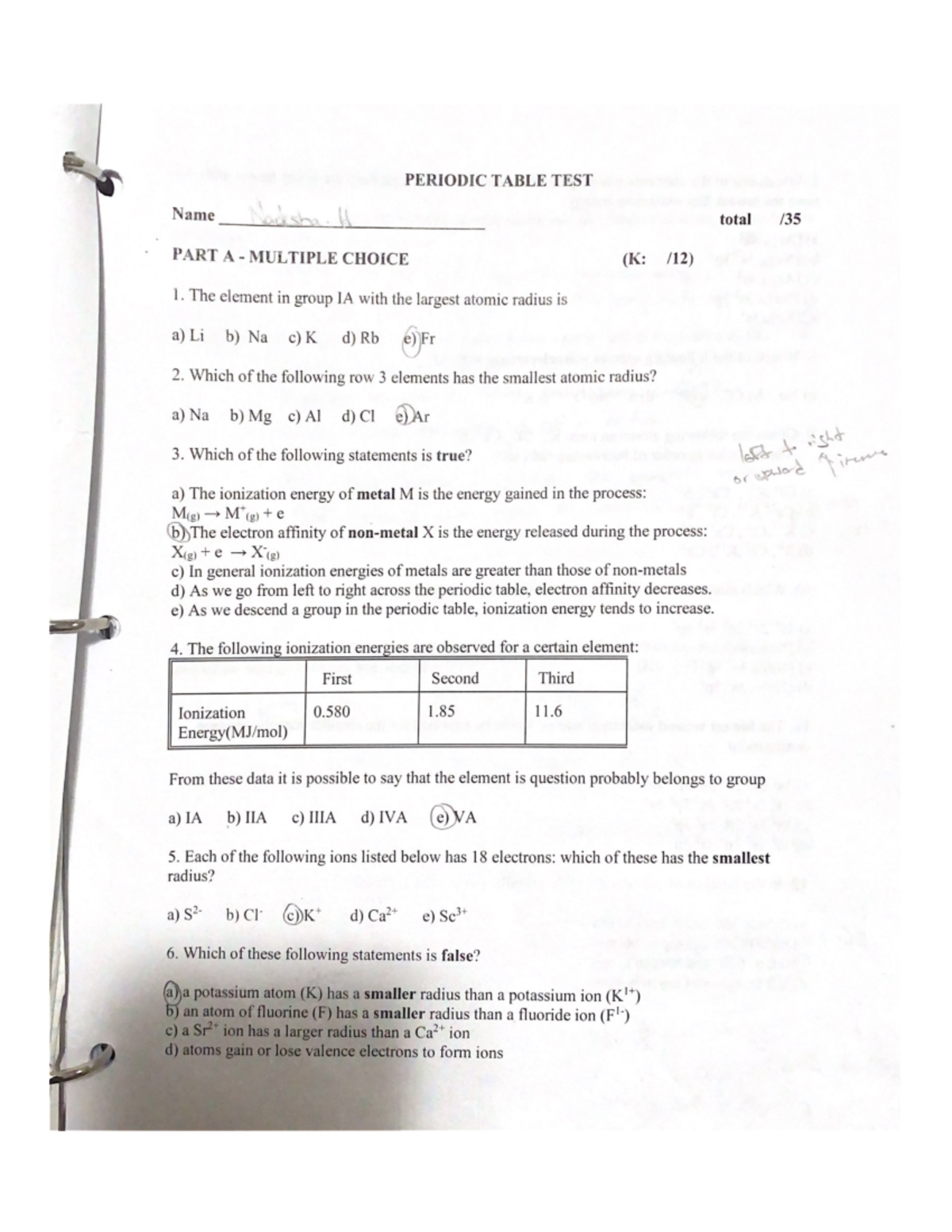 Periodic Table TEST - Ionization of Energy - Electron Affinity ...