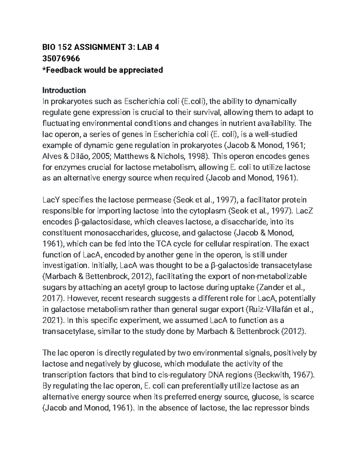 BIO Assignment 3 Report - BIO 152 ASSIGNMENT 3: LAB 4 35076966 ...