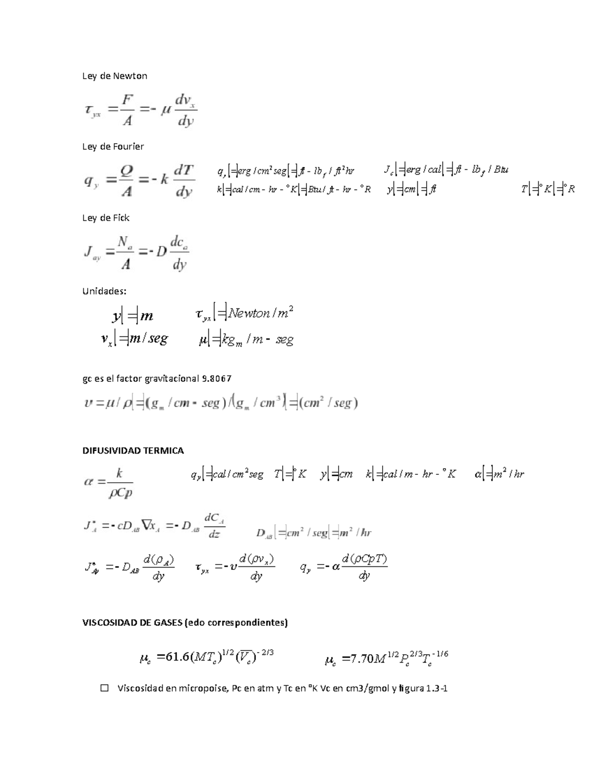 Formulario P1 2020 Tarea - Ley de Newton Ley de Fourier Ley de Fick ...