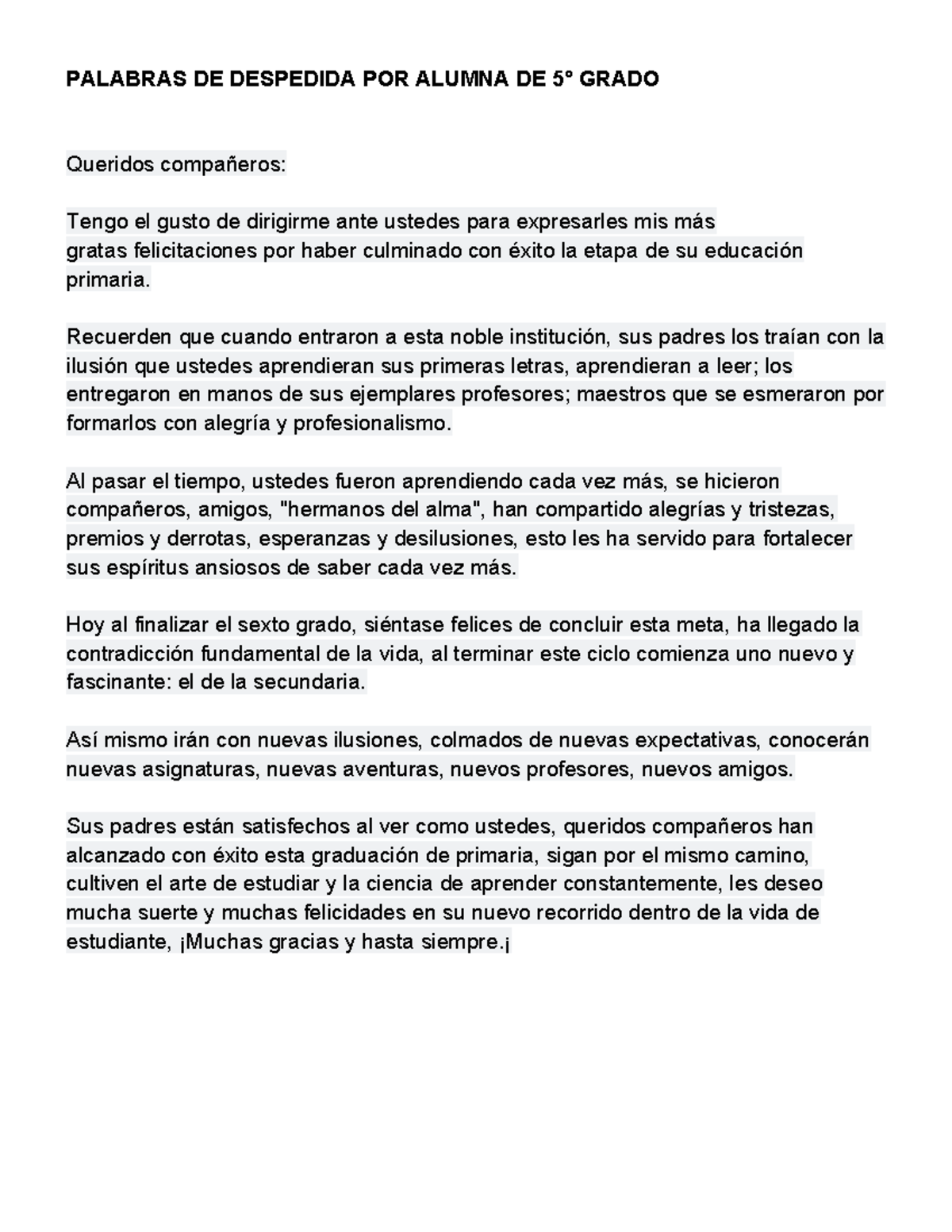 Palabras de despedida quinto grado - PALABRAS DE DESPEDIDA POR ALUMNA ...