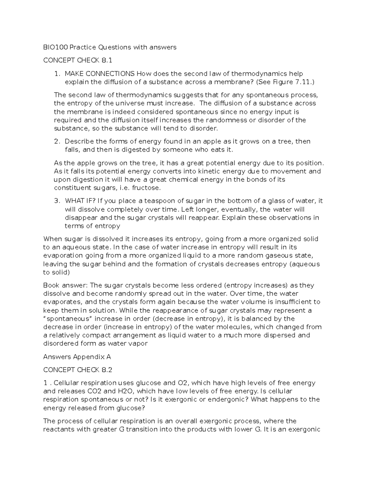 BIO Excersise Chapter 8 - BIO100 Practice Questions with answers CONCEPT CHECK 8. 1. MAKE - Studocu