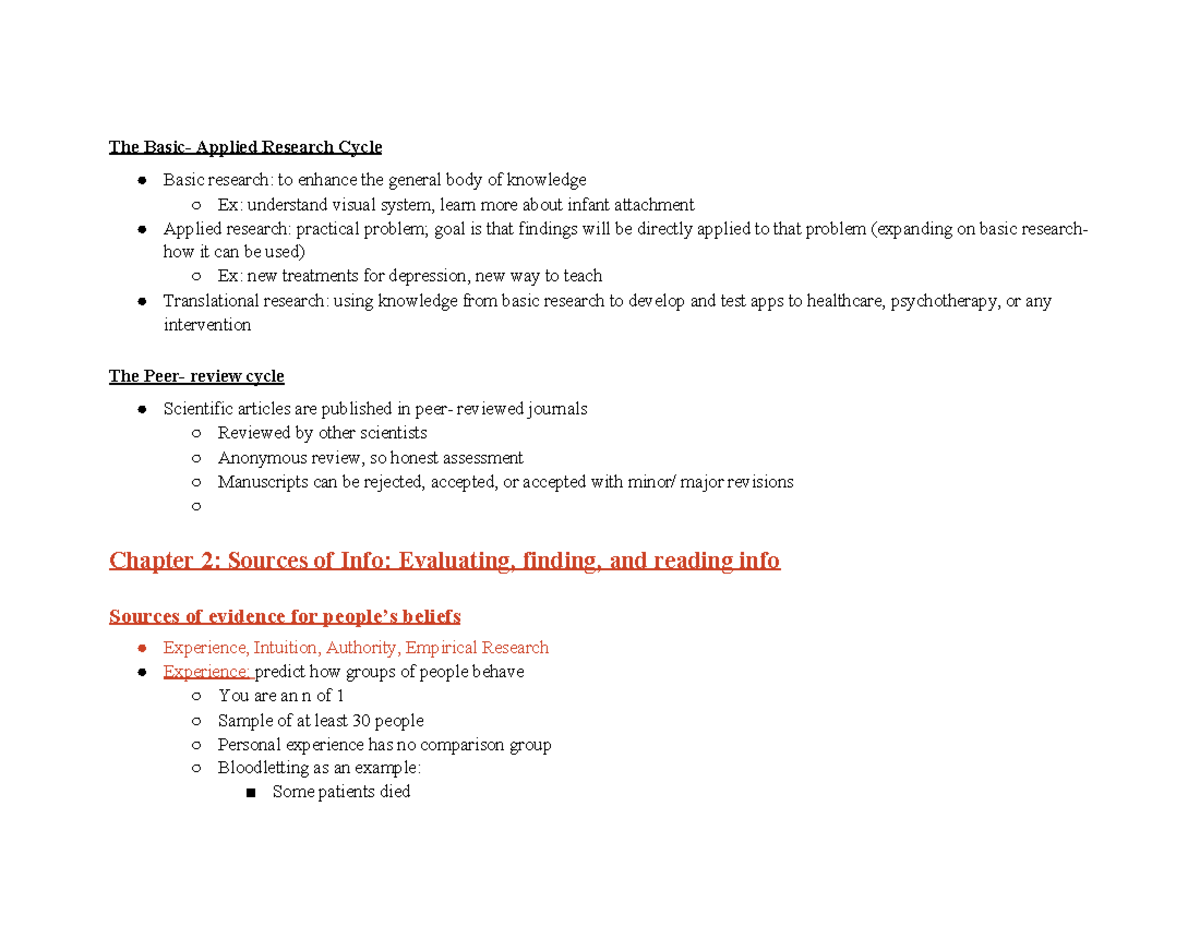 PSY EXAM 1 Notes - The Basic- Applied Research Cycle Basic research: to ...
