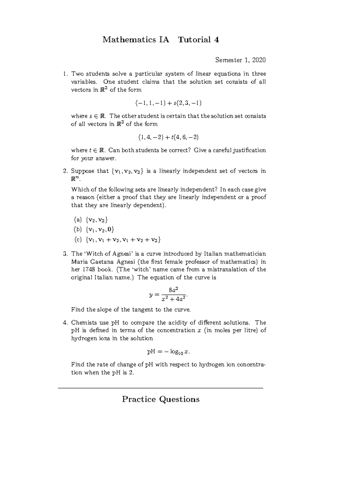 IA 2020s1 Tutorial 4 q - tute - Mathematics IA Tutorial 4 Semester 1 ...