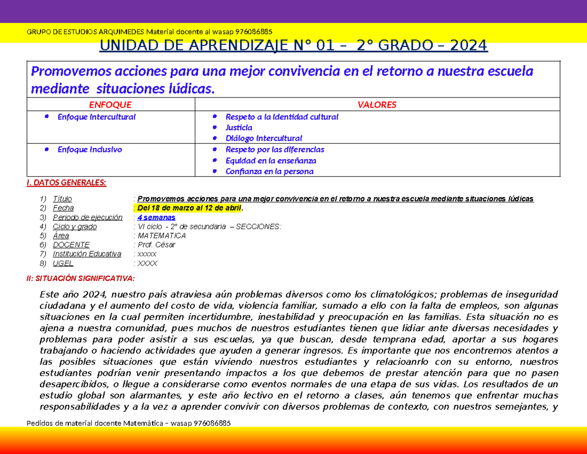 2°- Planificacion UA 1 - HKHJ GHH - UNIDAD DE APRENDIZAJE N° 01 – 2 ...