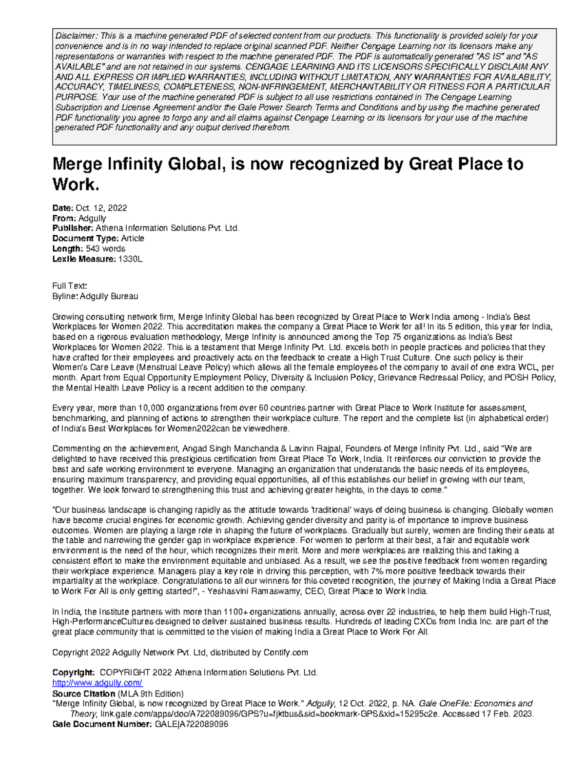 Merge Infinity Global, is now recognized by Great Place to Work ...