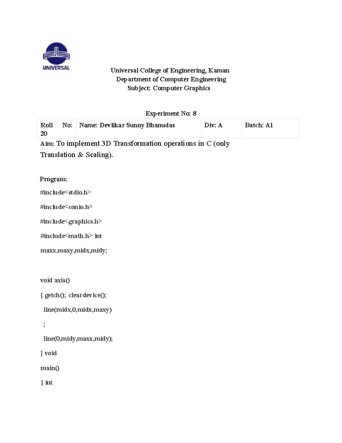 CG-LAB8 Comps 20 - Cg lab experiment number 8 - Universal College of ...