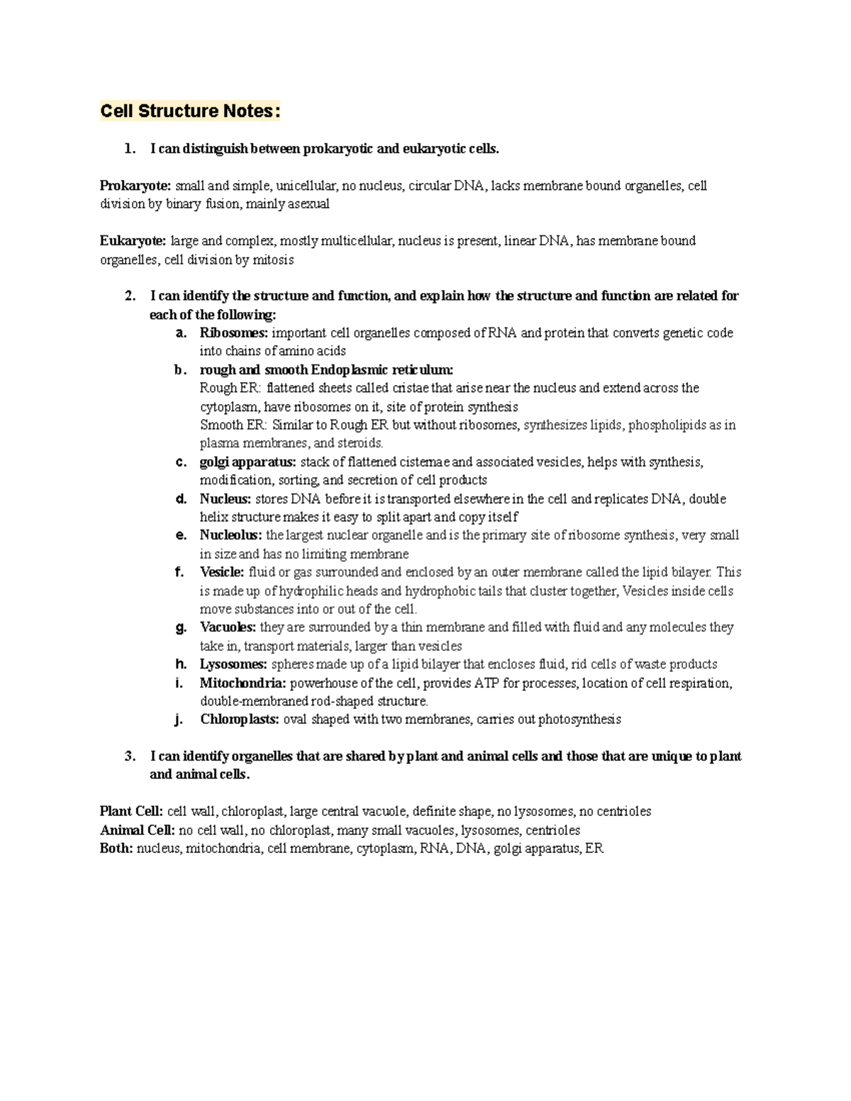 Cell Unit Study Guide - notes on the cell - Cell Structure Notes: I can ...