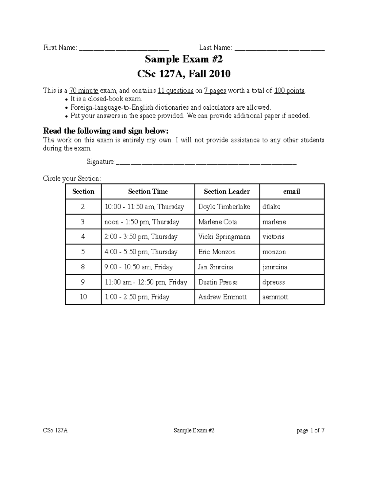 Sample Exam 2 - Lab Activities for week - Sample Exam CSc 127A, Fall ...