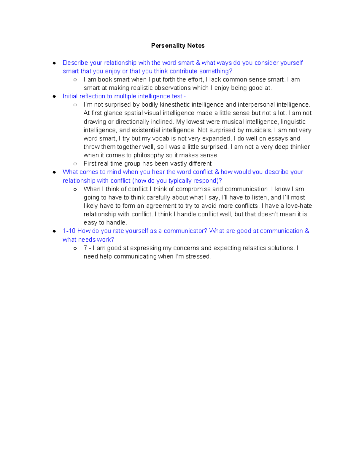 10 20 Personality Styles Notes - Personality Notes Describe your ...