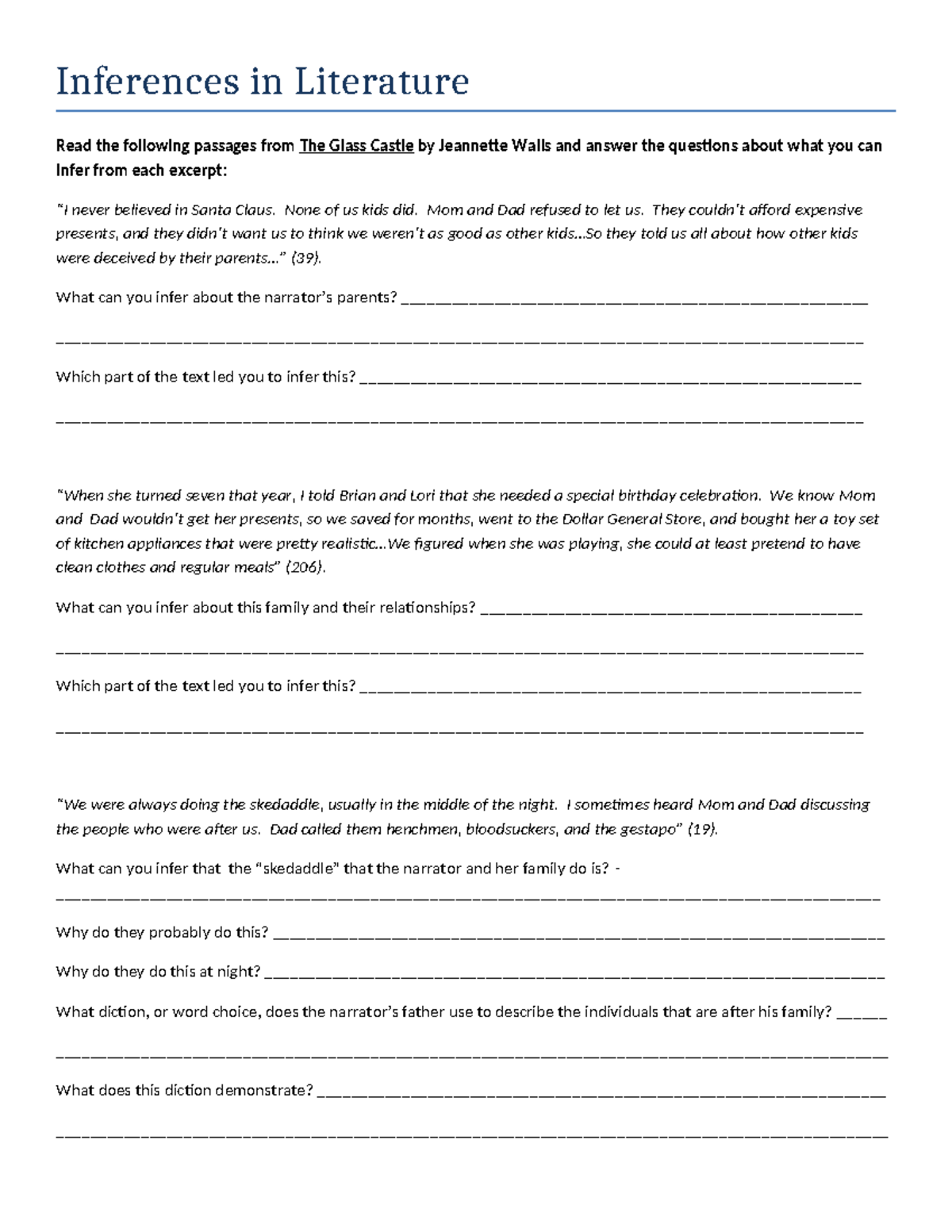 Inferences in Literature - None of us kids did. Mom and Dad refused to ...