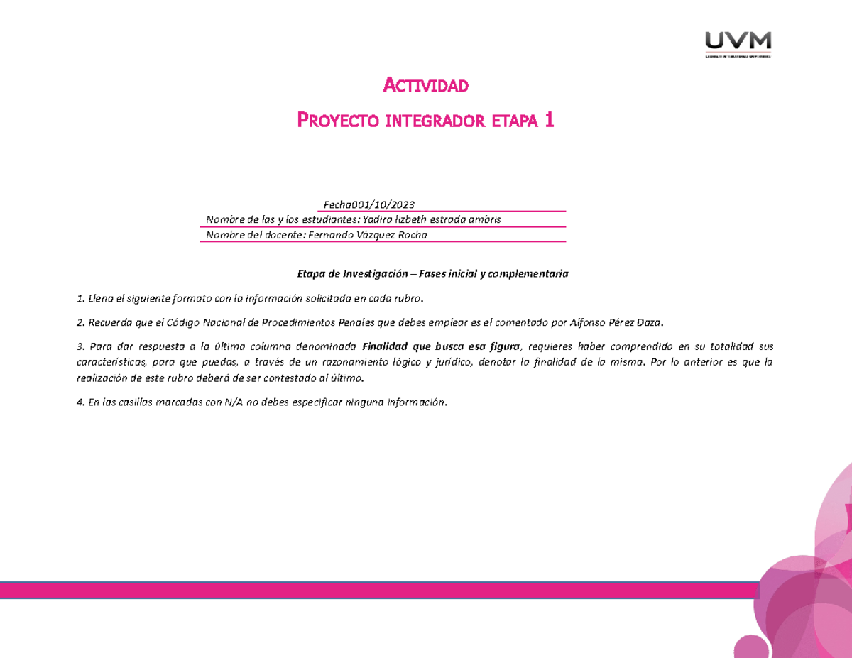 PI Etapa 1 DPP penal proyecto 1 - ACTIVIDAD PROYECTO INTEGRADOR ETAPA 1 Fecha001/10/ Nombre de ...