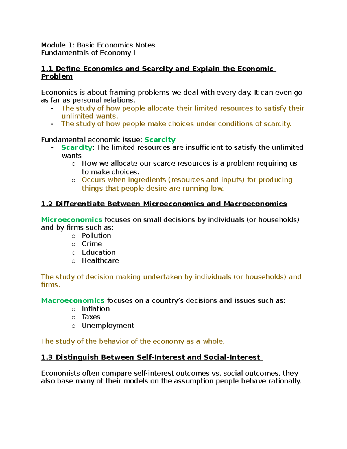 Module 1 Basic Economics Notes - Module 1: Basic Economics Notes ...