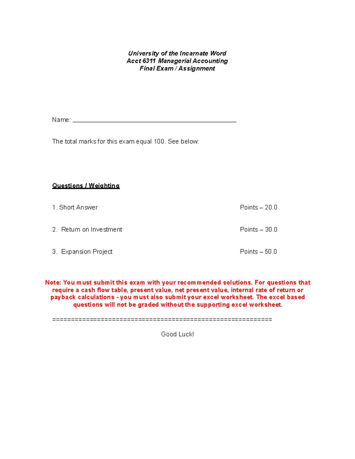 Managerial Accounting Final Exam - Studocu