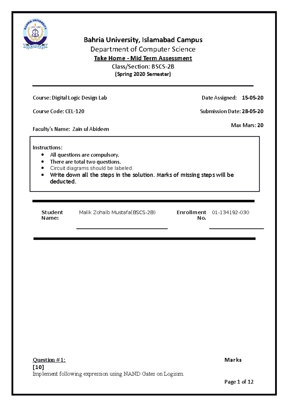 DLD LAB MID 21052020 080436 pm - Bahria University, Islamabad Campus ...