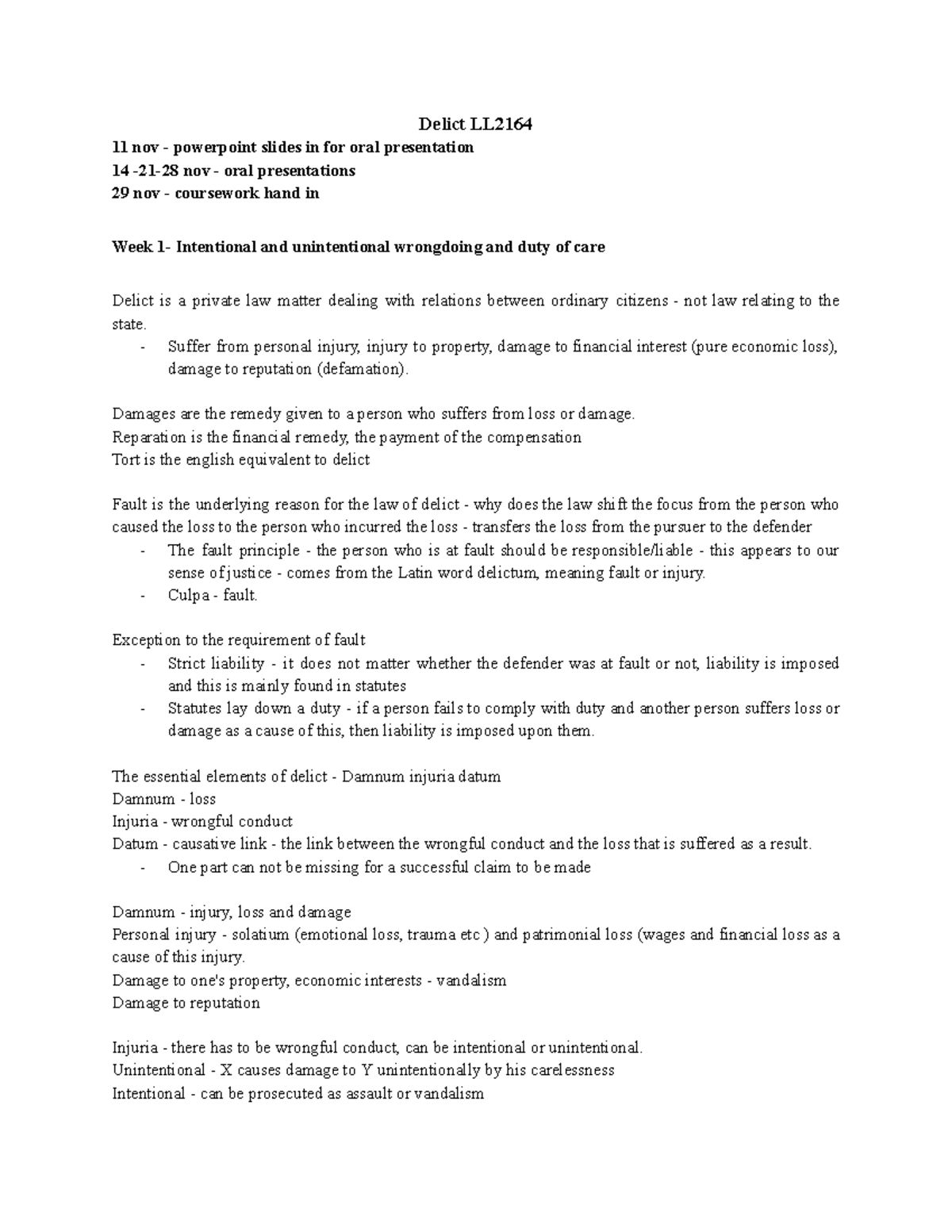 Delict LL2164 - Delict LL 11 nov - powerpoint slides in for oral ...