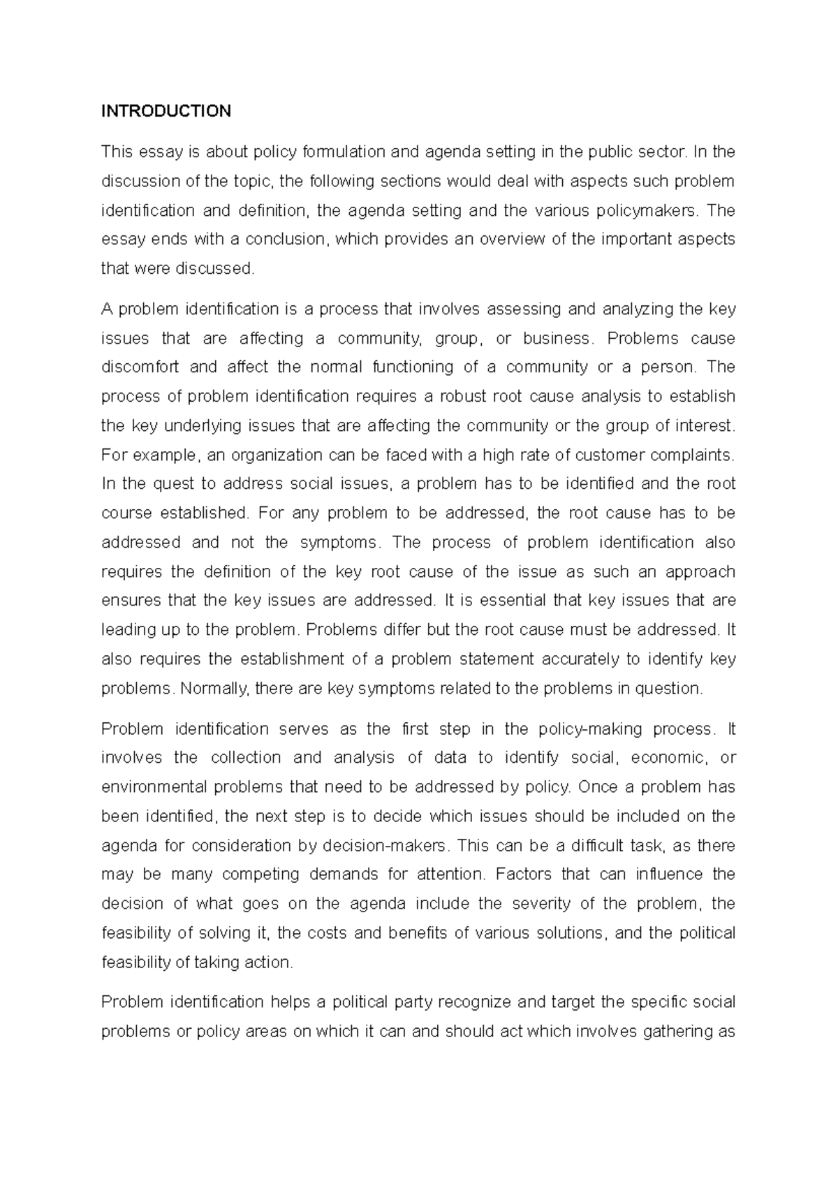 Assignment LM - INTRODUCTION This essay is about policy formulation and ...