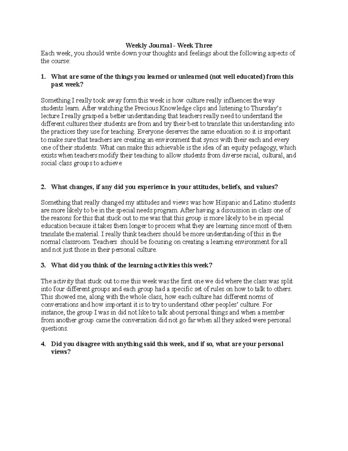 ED 250 - Week Three Journal - Weekly Journal - Week Three Each week ...