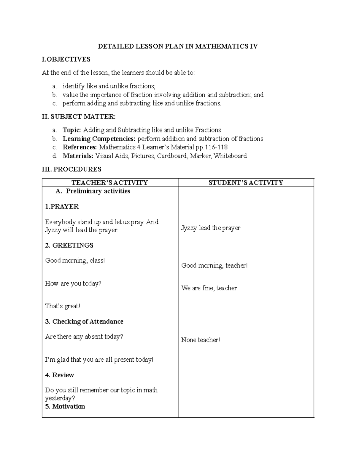 Math dlp - DETAILED LESSON PLAN IN MATHEMATICS IV I At the end of the ...