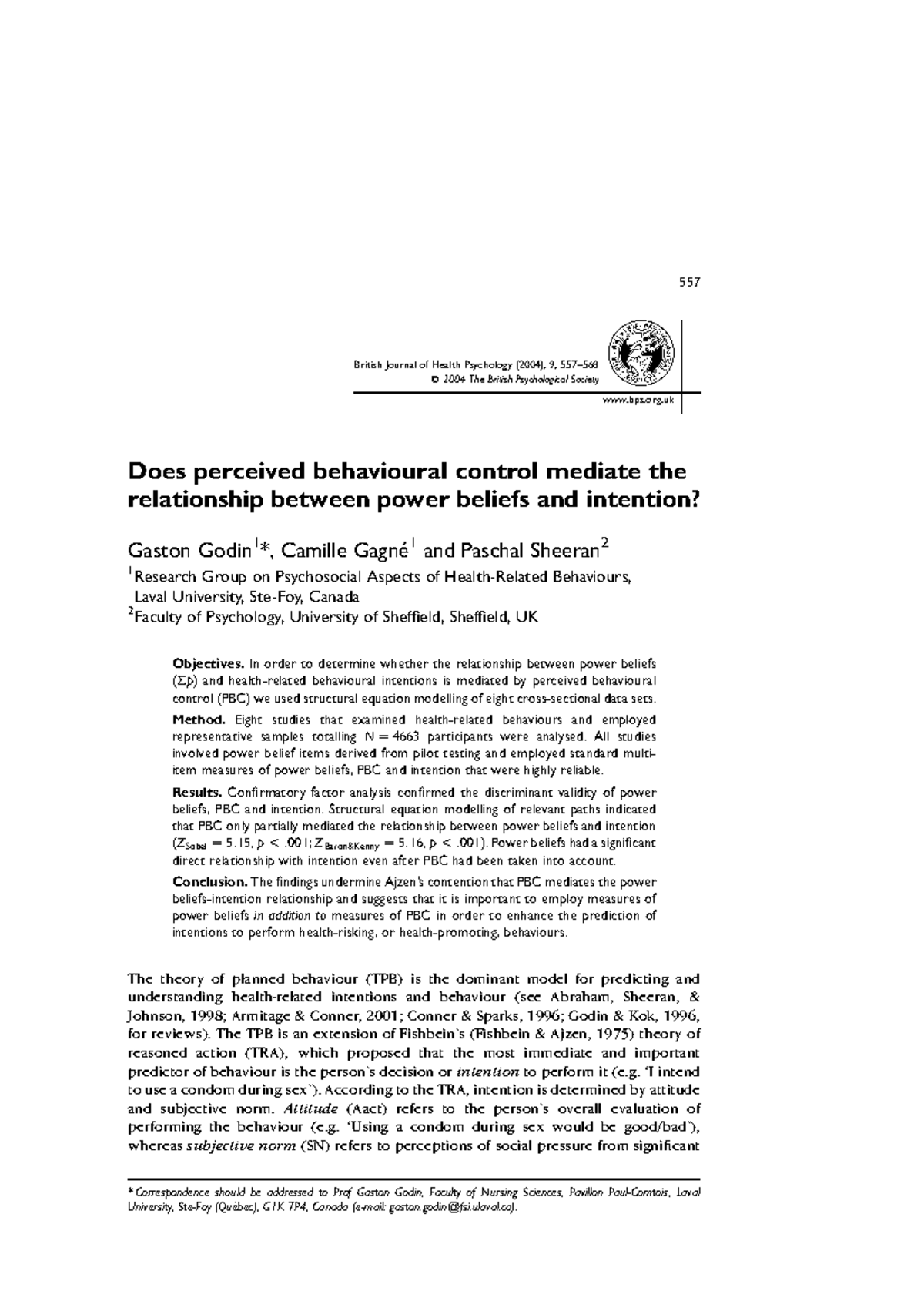Does perceived behavioural control media - In order to determine ...