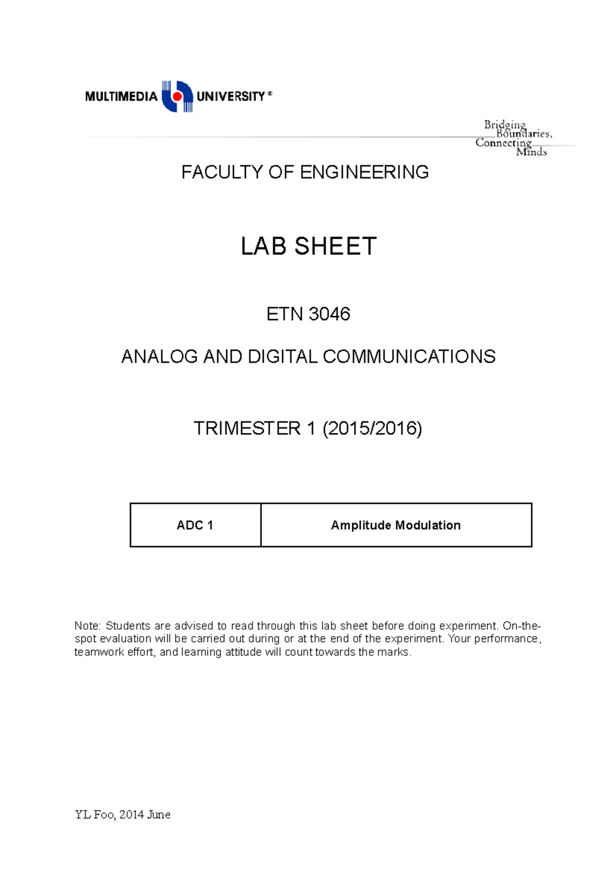 22872 ETN3046 Lab Experiment ADC1 - 2015 June - FACULTY OF ENGINEERING LAB SHEET ETN 3046 ANALOG ...