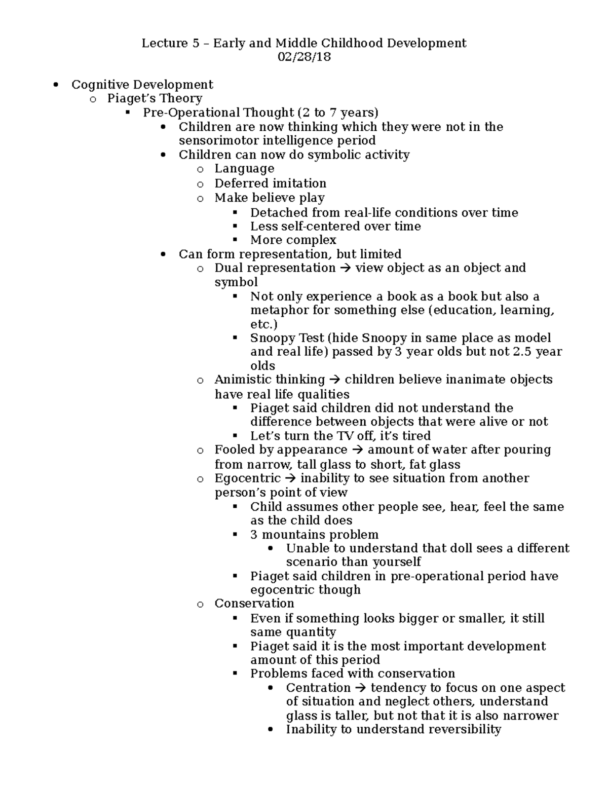 Lecture 5 Notes - Lecture 5 – Early and Middle Childhood Development 02 ...