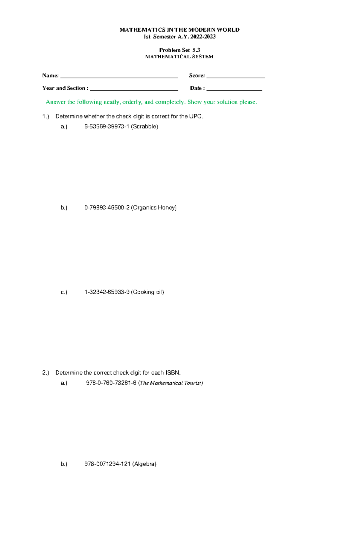 Ps5 - Problem Set - MATHEMATICS IN THE MODERN WORLD 1st Semester A ...