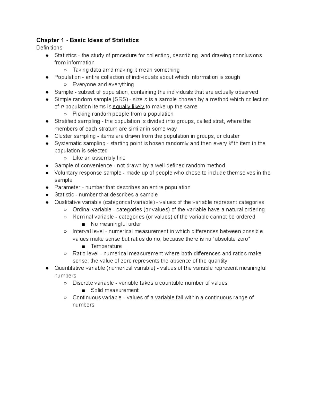 State 325 Exam 1 Study Guide - Chapter 1 - Basic Ideas of Statistics Definitions Statistics ...