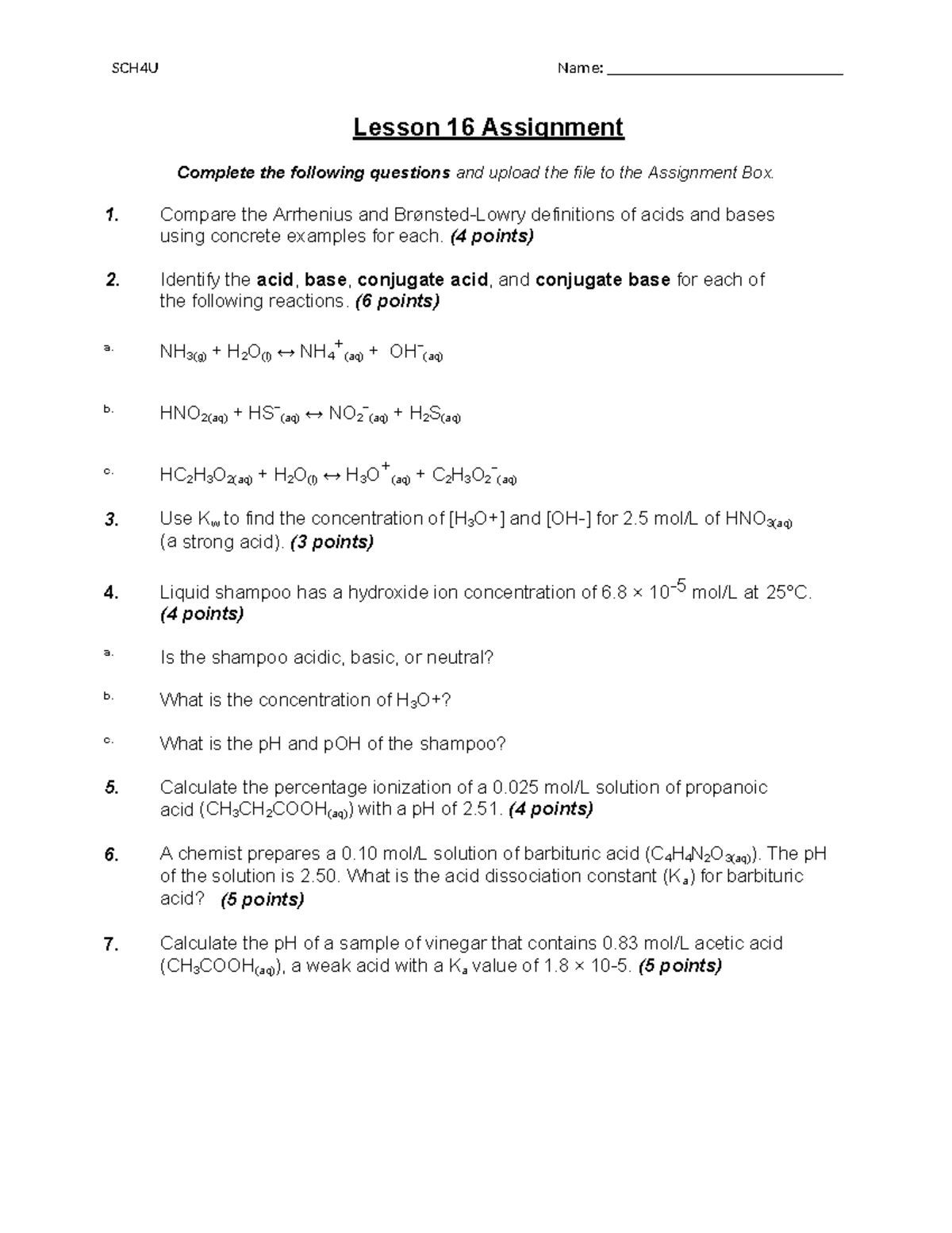 Lesson 16Worksheet - SCH4U Name: Lesson 16 Assignment Complete the ...