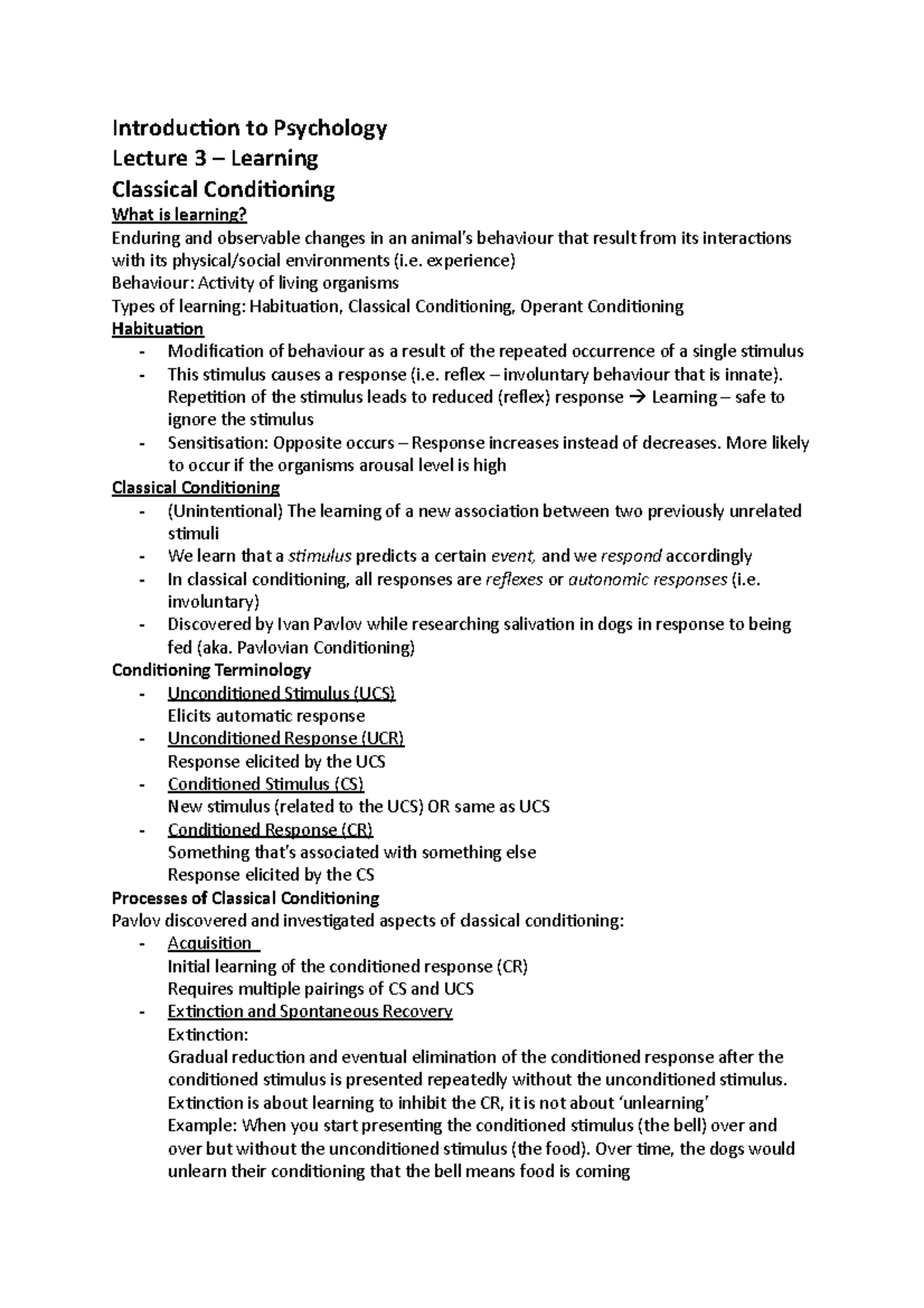 Intro To Psych Lecturetutorial 3 Notes Introduction To Psychology Lecture 3 Learning