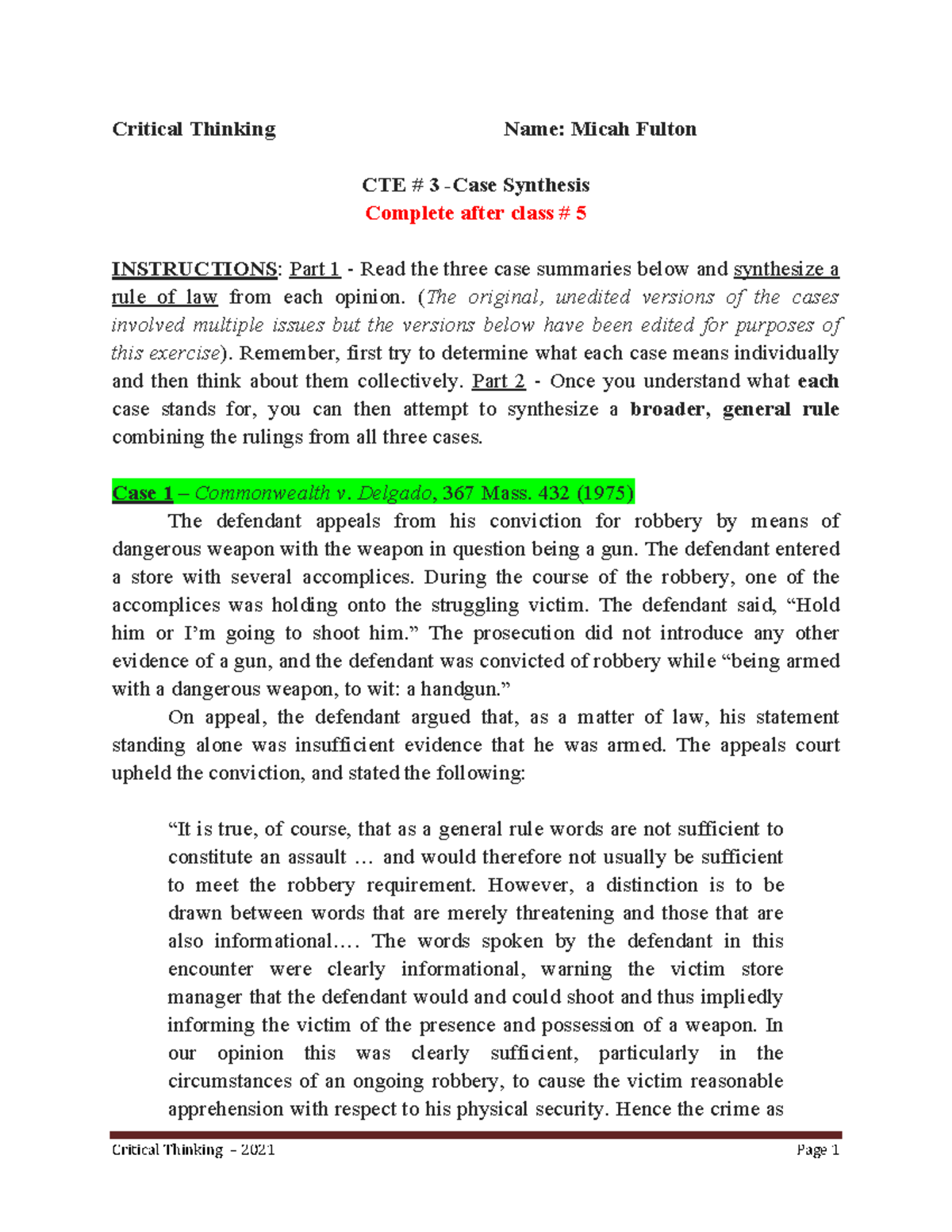 Cte 3 case synthesis practice for robbery - LAW 7000 - NCCU - Studocu